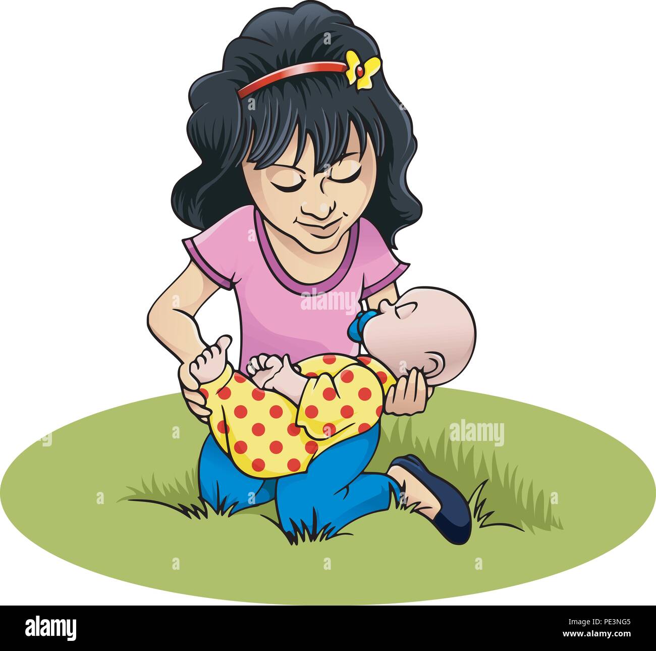 Cartoon style illustration: a little smiling girl is playing with her ...