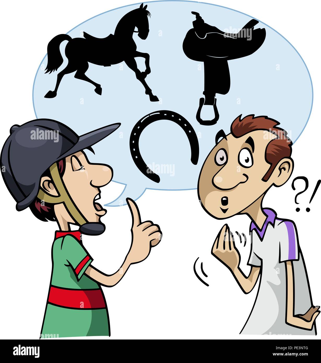 Cartoon-style illustration: a young horseman speaks using equestrian ...