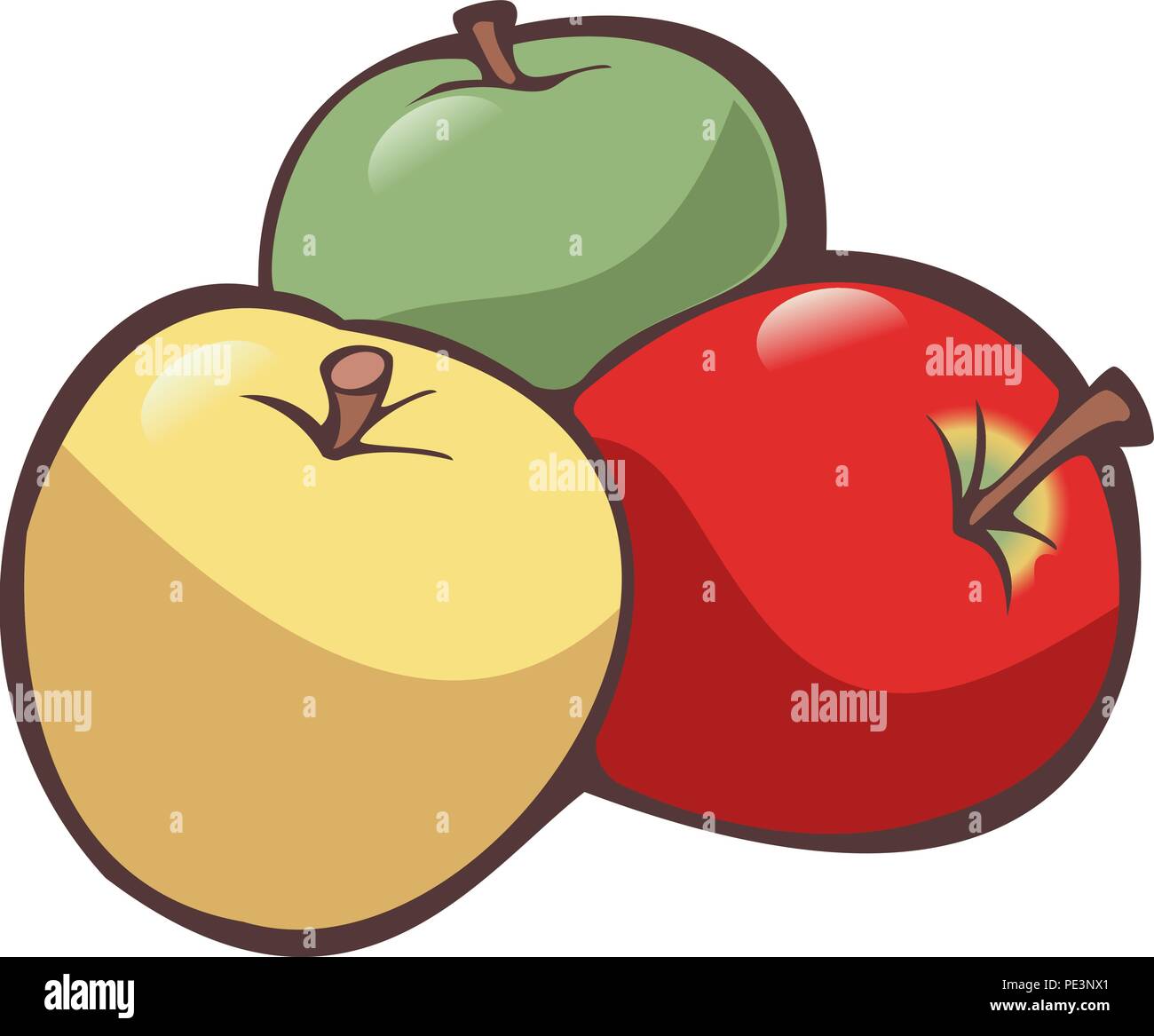 Illustration of three apples (one yellow, one green and one red) on ...
