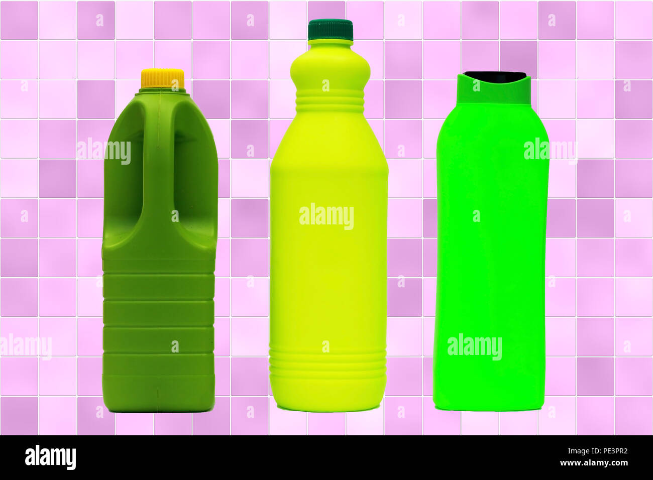 Different plastic containers of cleaning products on a seamless ...