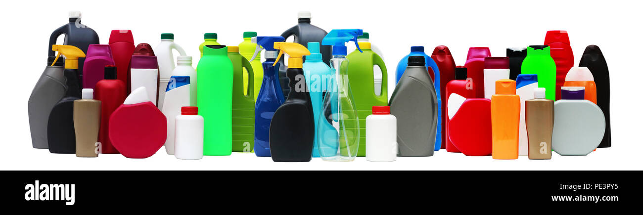 Many plastic containers of different shapes and colors isolated on ...