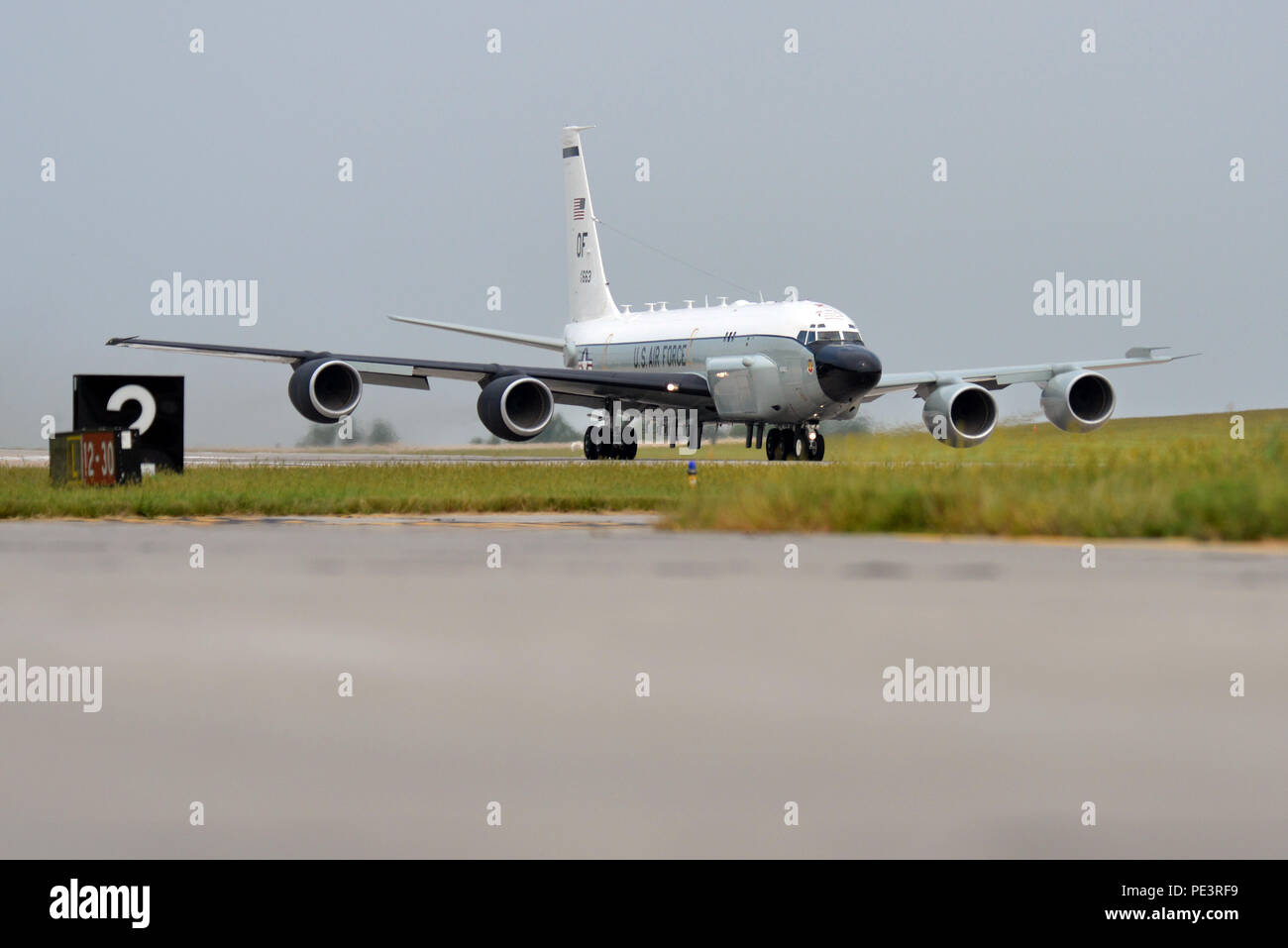 An RC-135S Cobra Ball rushes down the runway Sept. 1, Offutt Air Force Base, Neb. From above ...