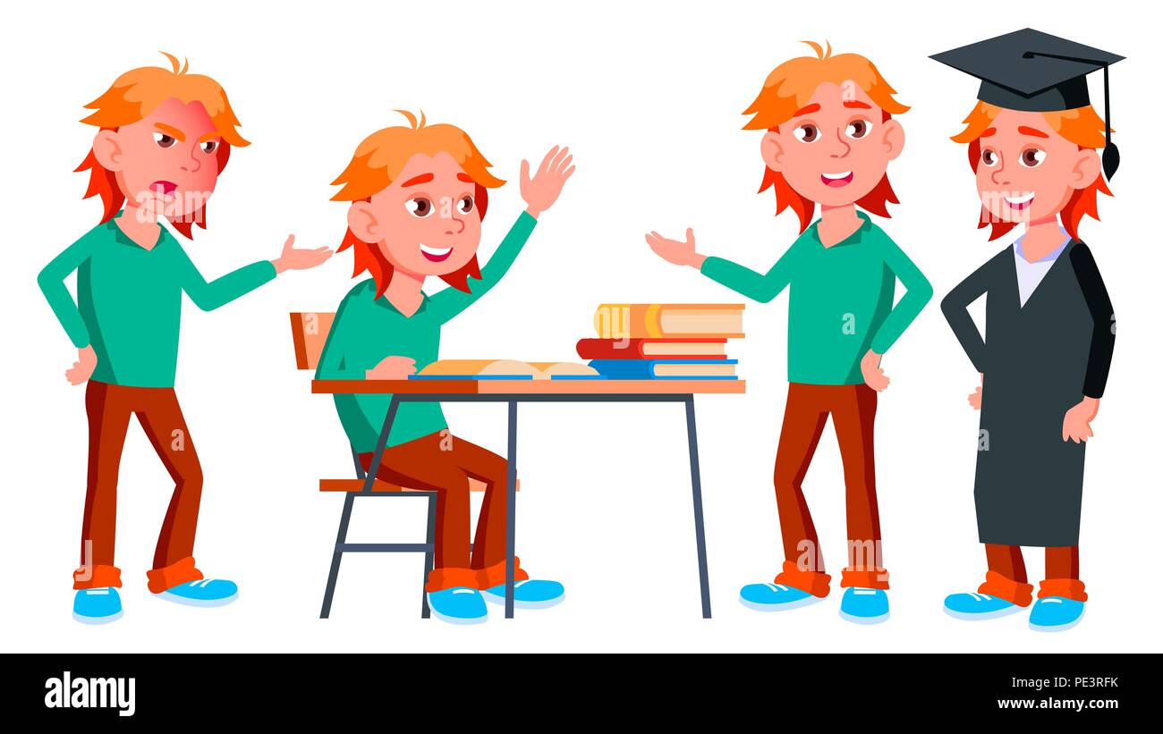 Boy Schoolboy Kid Poses Set Vector. High School Child. Classmate. Life ...