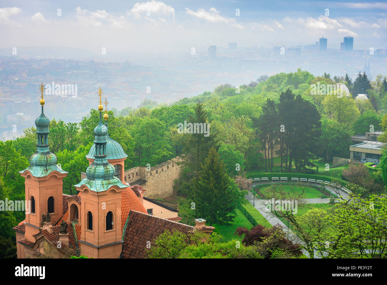 Petrin Hill Prague, aerial view of the St Lawrence Church on Petrin ...