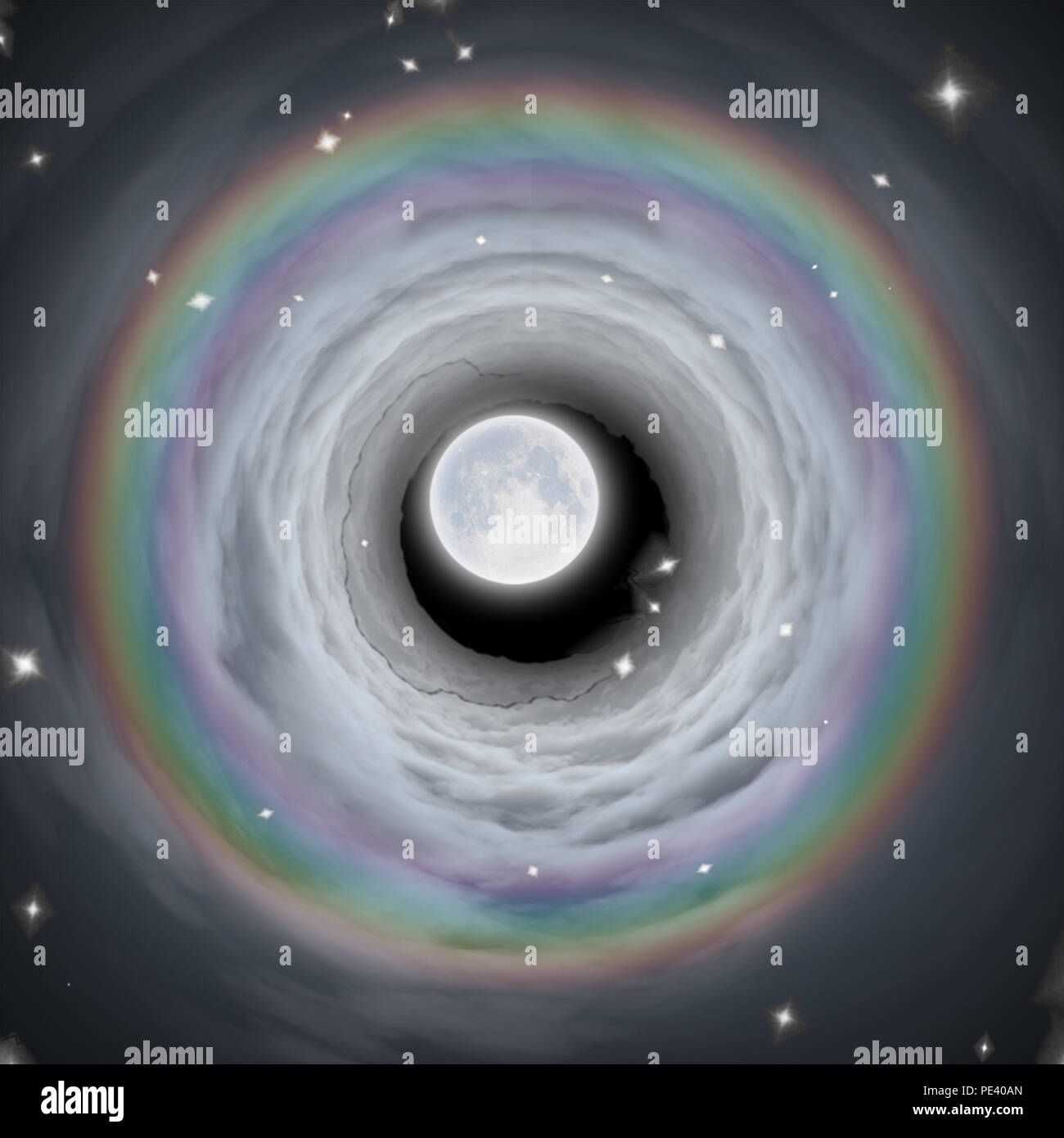 Surrealism. Tunnel in clouds leads to the Moon Stock Photo - Alamy