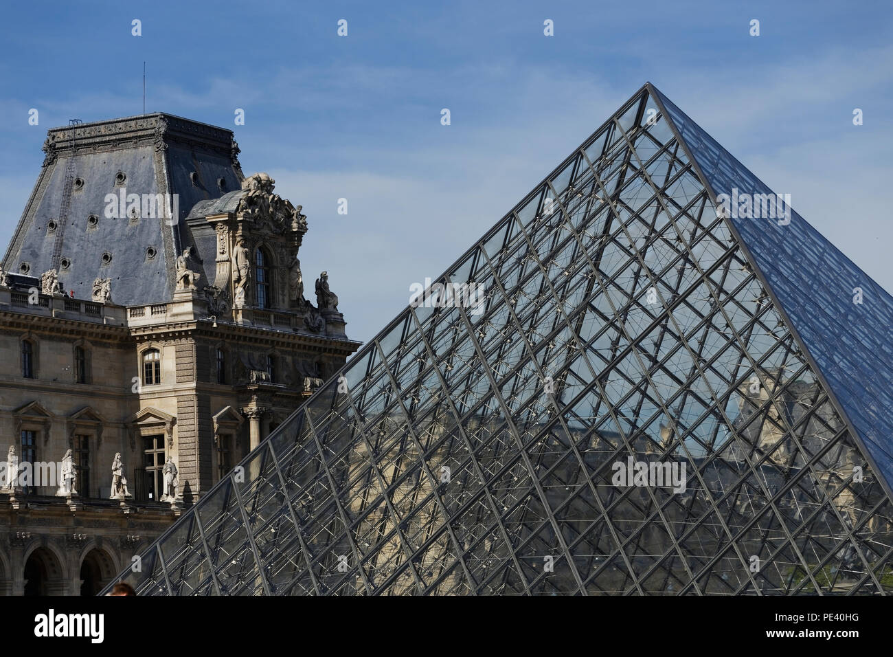 View of pyramid and fountain at courtyard of Louvre Museum. Louvre ...