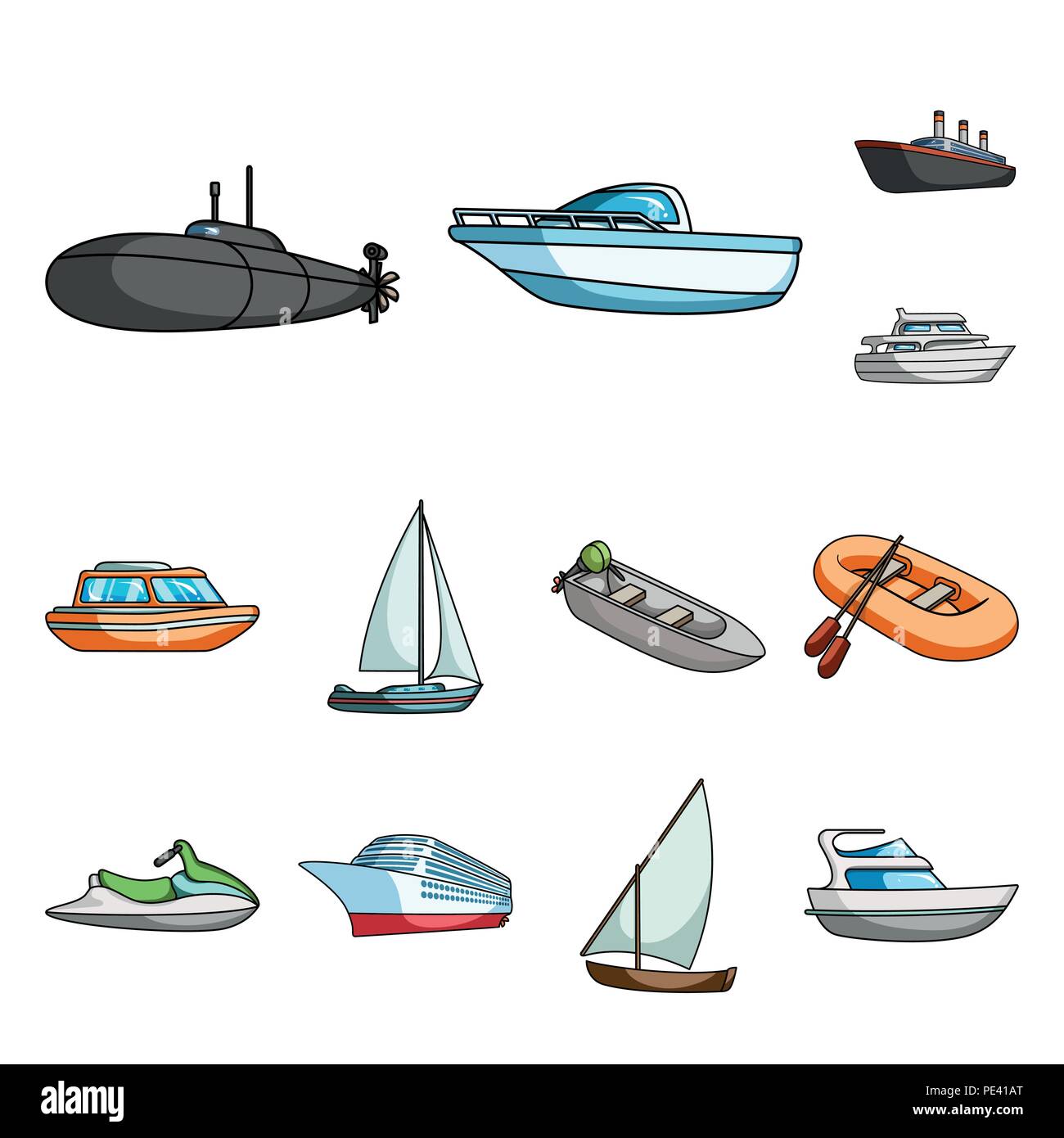 Water and sea transport cartoon icons in set collection for design. A ...