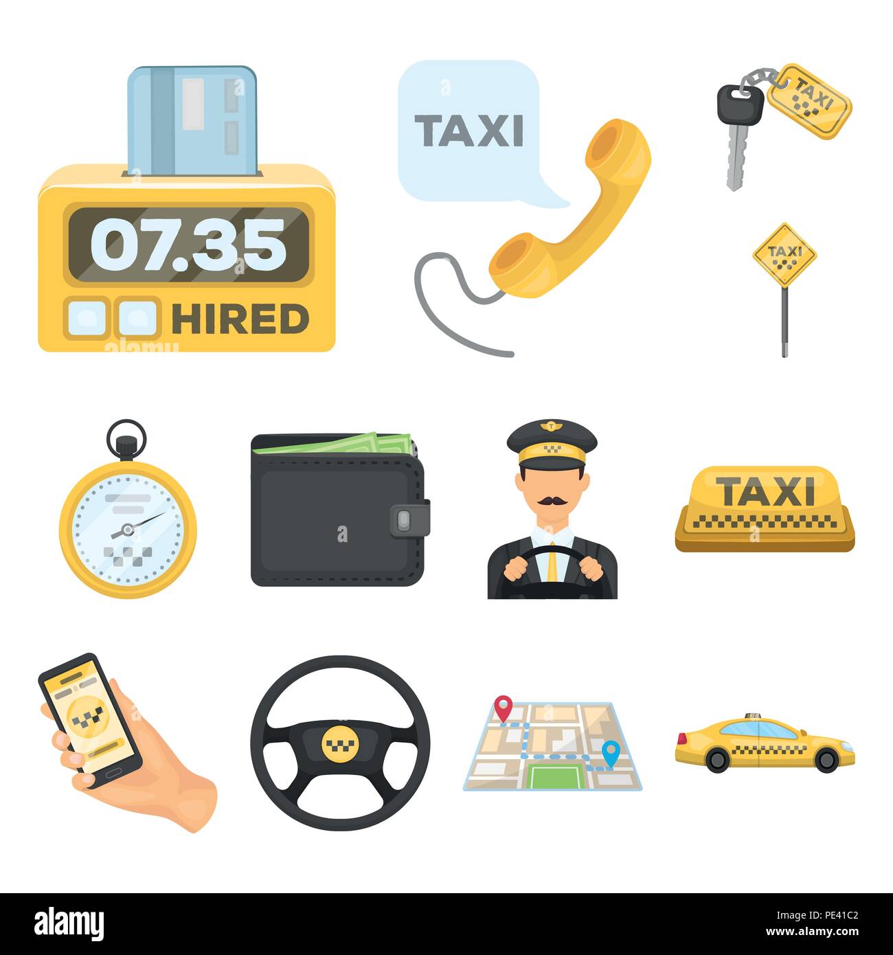 Taxi service cartoon icons in set collection for design. Taxi driver ...