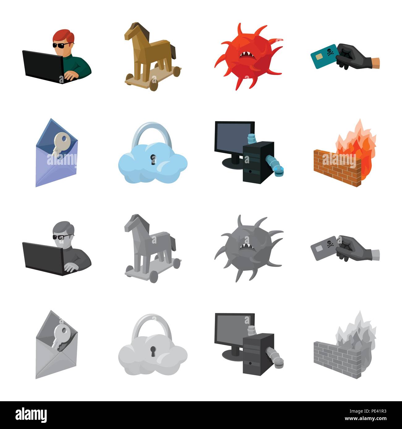 System Internet Connection Code Hackers And Hacking Set Collection Icons In Cartoon