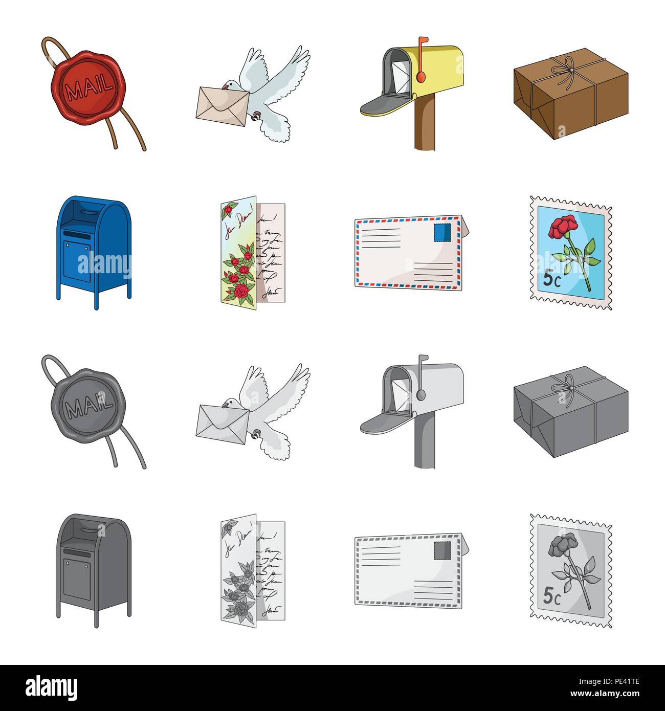 Mailbox, congratulatory card, postage stamp, envelope.Mail and postman ...