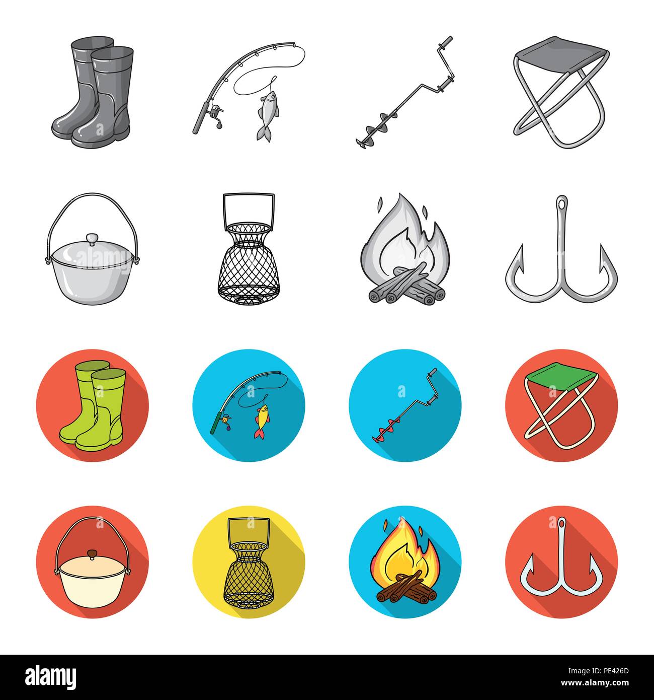 Catch, hook, mesh, caster .Fishing set collection icons in monochrome ...