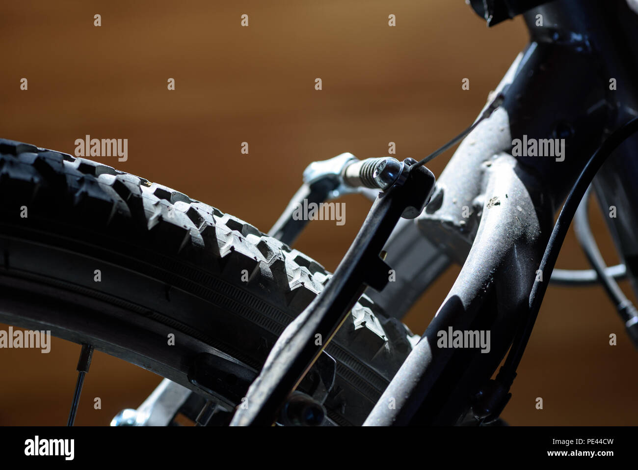 Closeup image of a cycles rear brake system with defocused wheel and ...