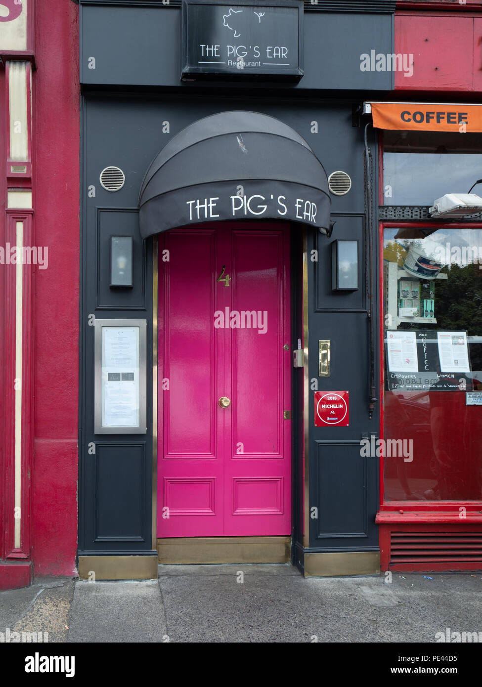 Pink and black canopied entrance to the stylish Pigs Ear restaurant in ...