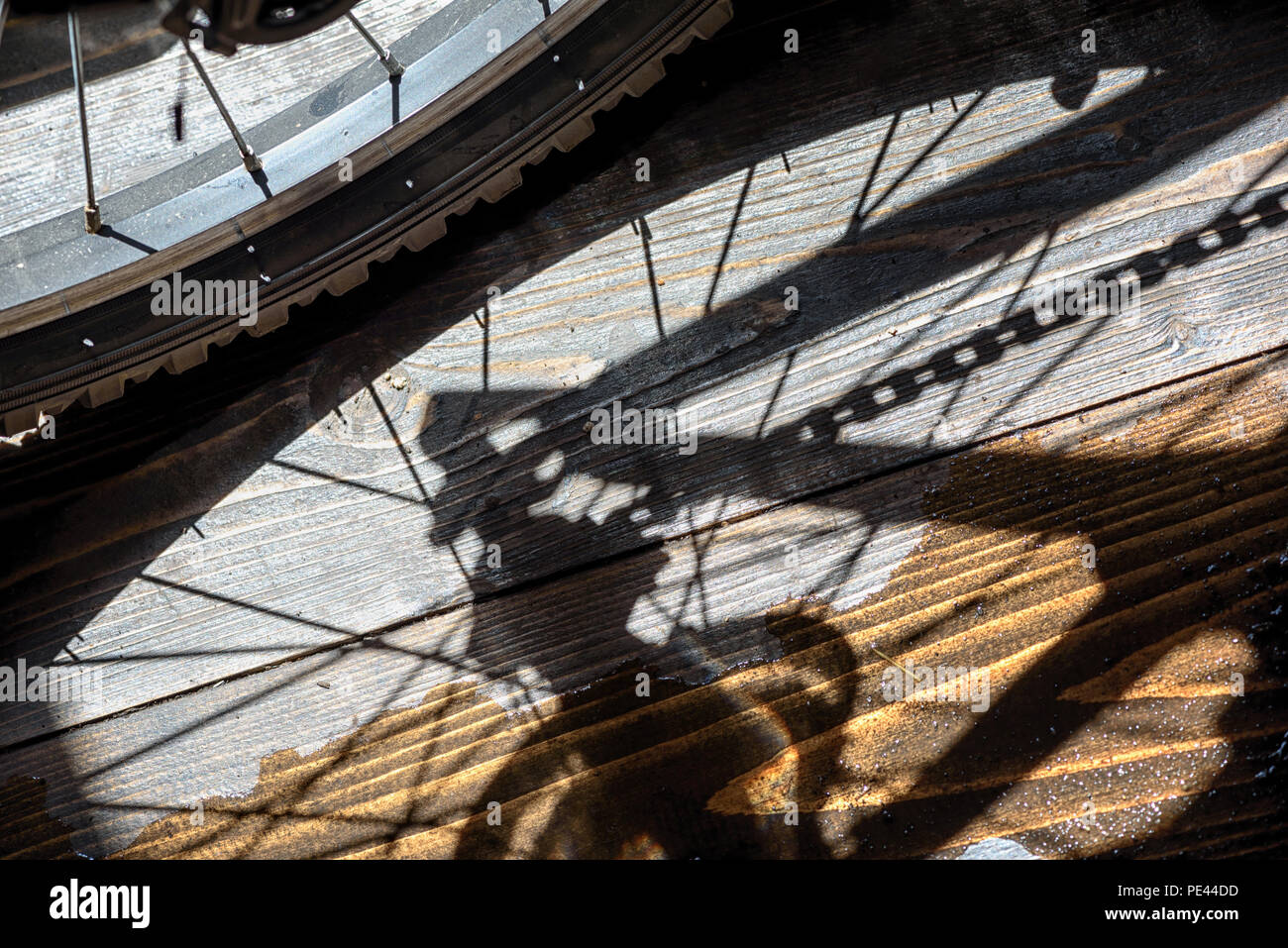 Rear wheel of a cycle with the chain and gear cogs in reflected shadow ...