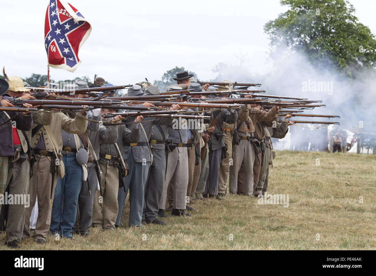 The Confederate army on the battlefield for the reenactment of the ...