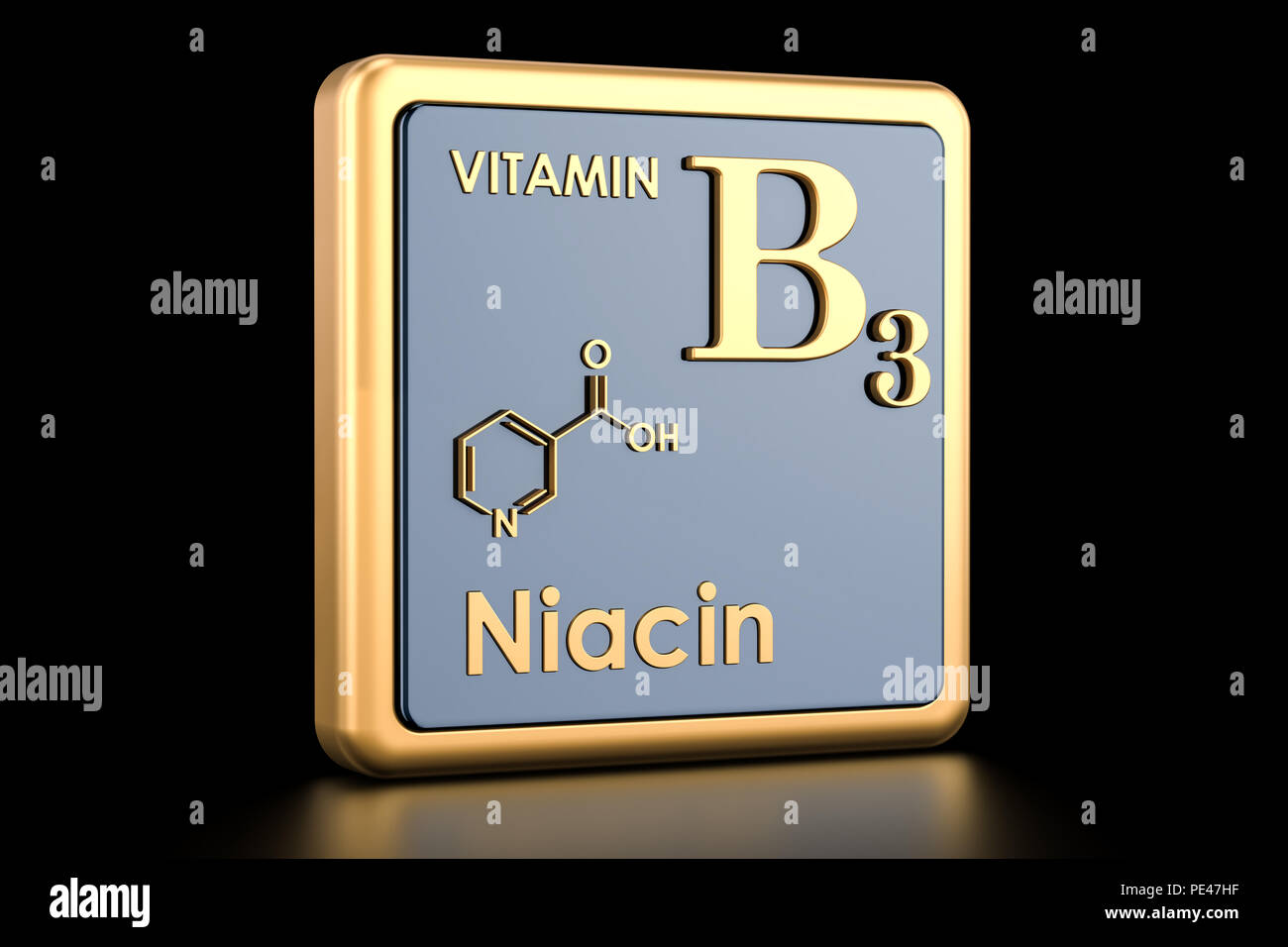 Vitamin B3, niacin. Icon, chemical formula, molecular structure. 3D ...