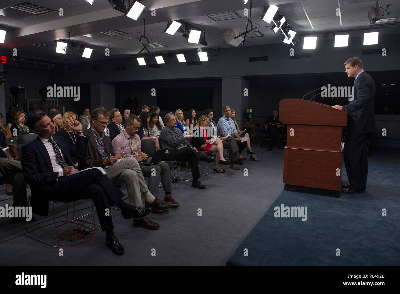Pentagon Press Secretary Peter Cook conducts a press briefing with ...