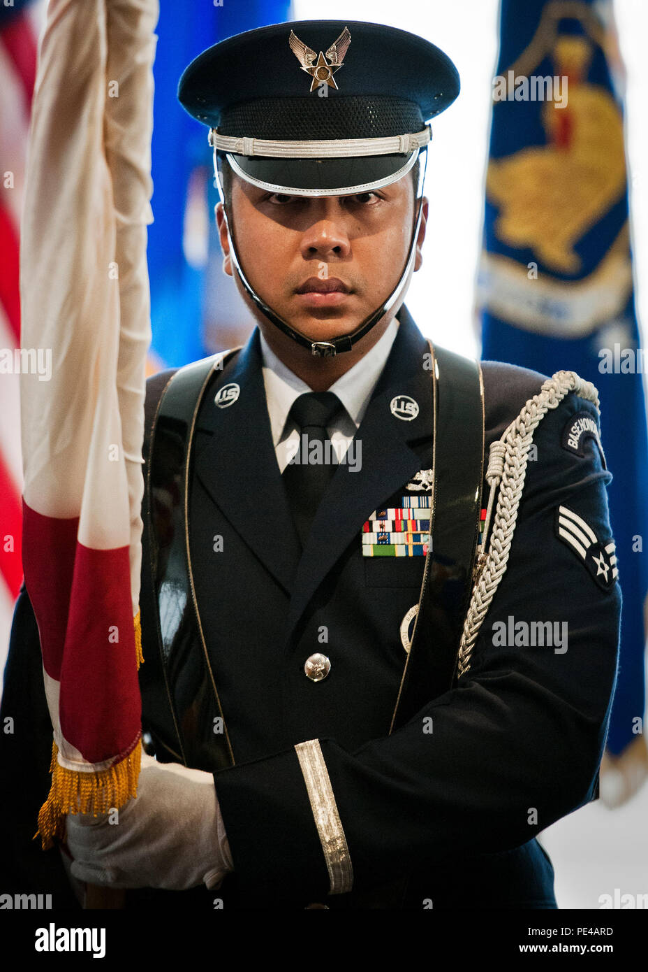 Senior Airman Adam Nop, Eglin Air Force Base Honor Guard, holds the ...