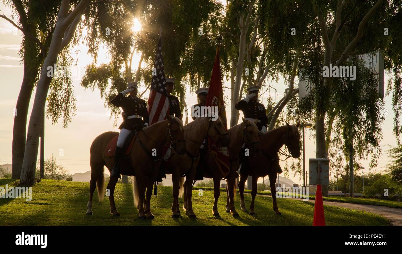The Marine Corps Mounted Color Guard presents the colors before the ...