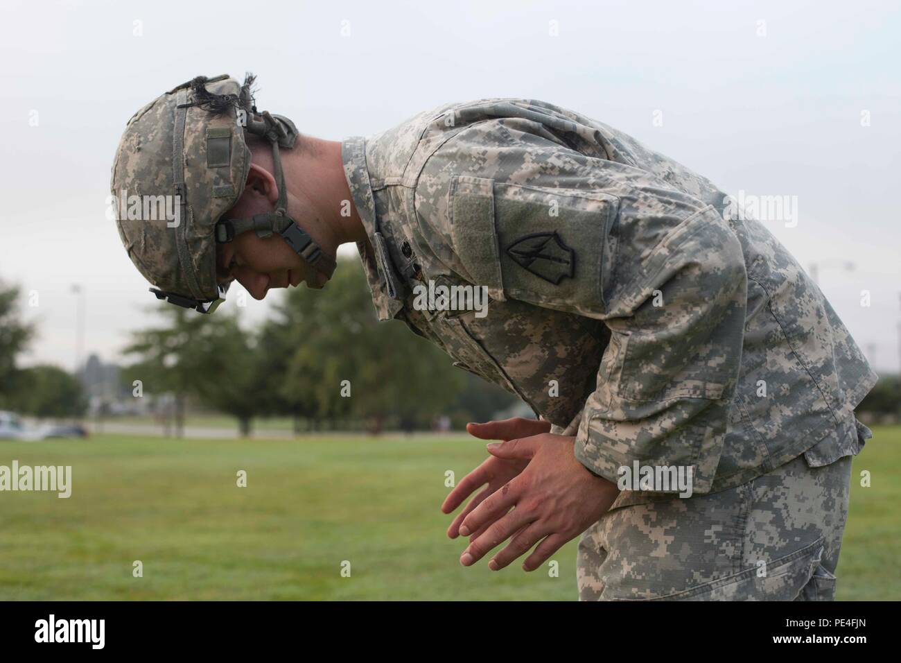 A U.S. Army paratrooper conducts pre-jump training prior to a Sept. 11 ...