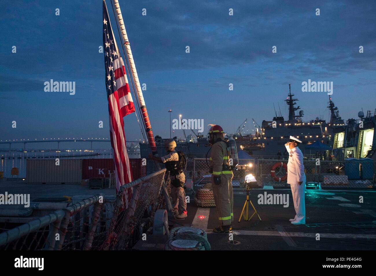 SAN DIEGO (Sept. 11, 2015) Sailors aboard guided-missile cruiser USS ...