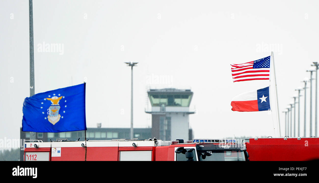 The Air Force, U.S. and Texas flags fly at Lielvarde Air Base, Latvia ...