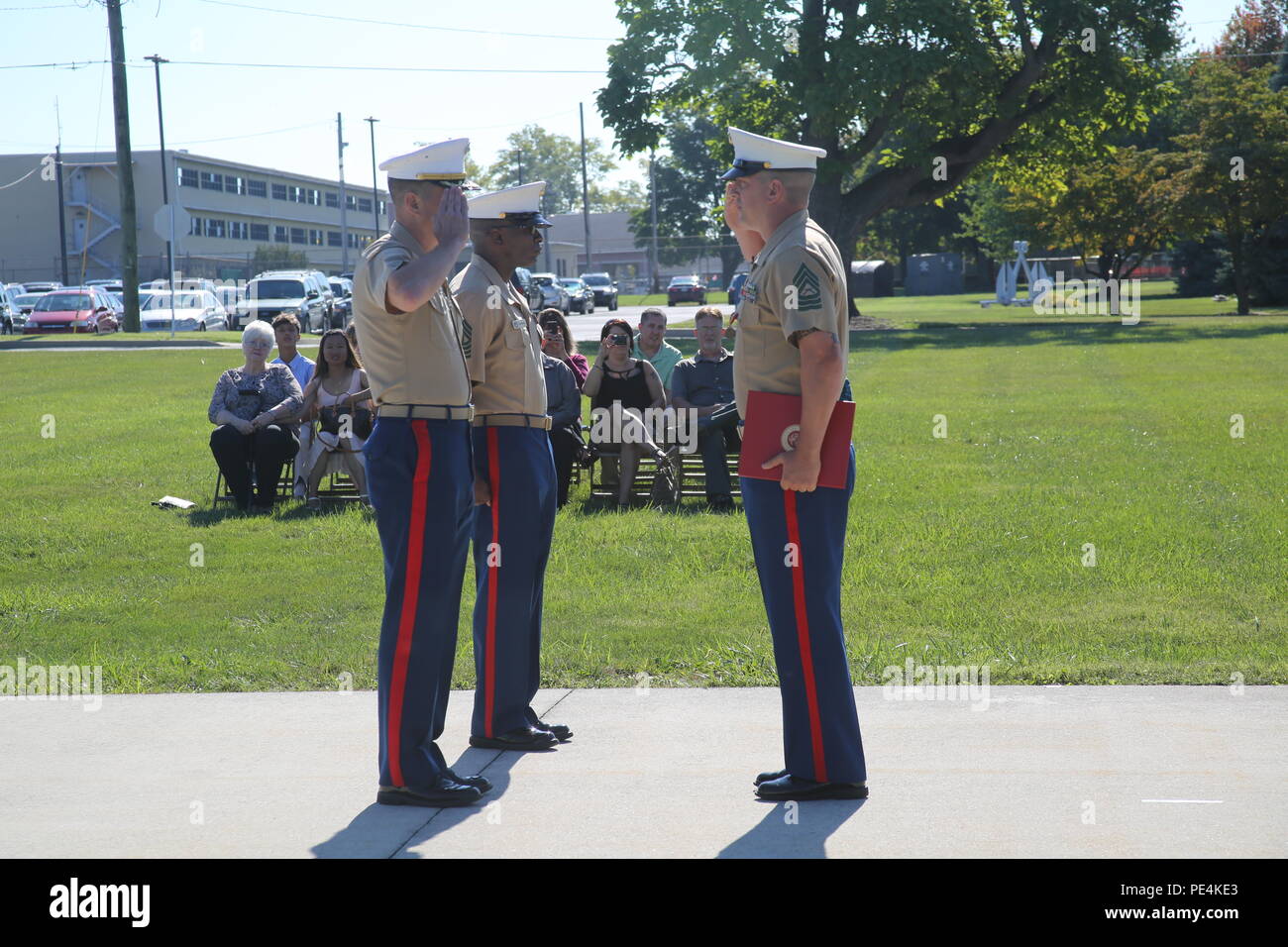 U.S. Marine Corps Master Sgt. Jay Wilfrom, right, the adjutant chief ...