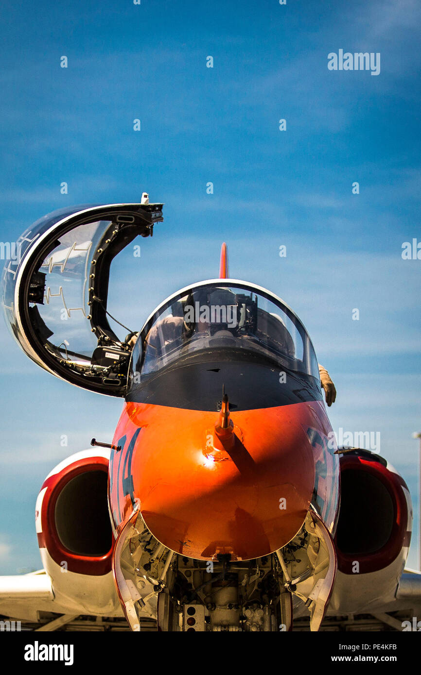A training pilot makes preparations inside a T-45 Goshawk as part of ...