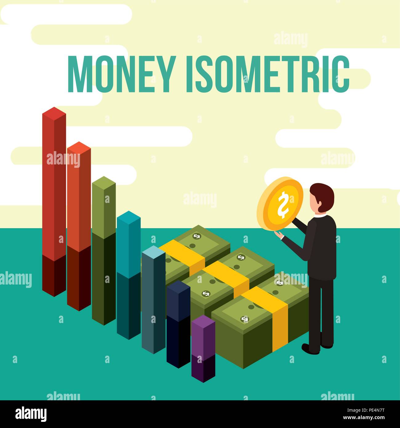 businessman stacked bills coin and statistics bar graph money isometric ...