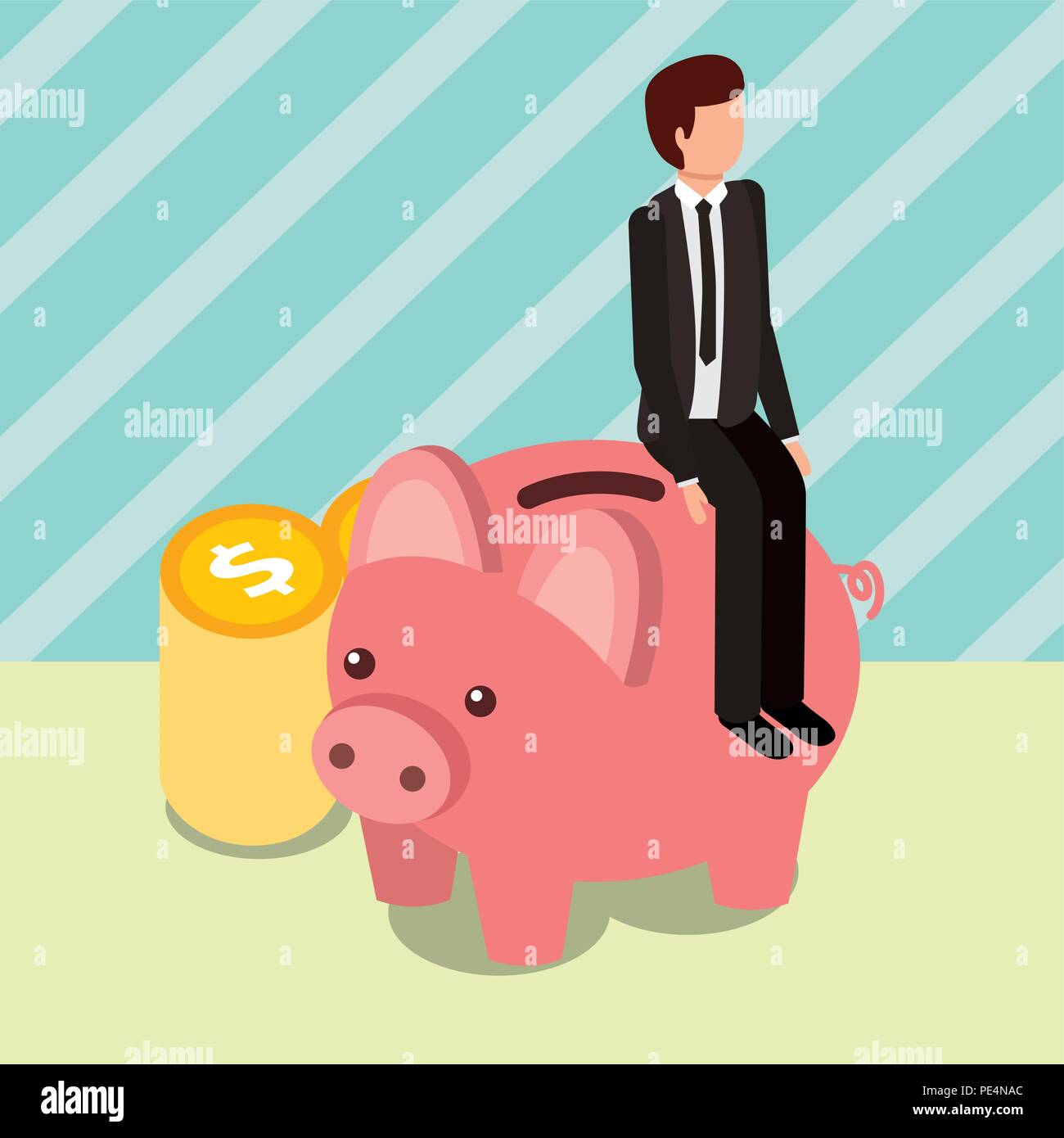 businessman sit on piggy bank and pile coins money isometric Stock ...