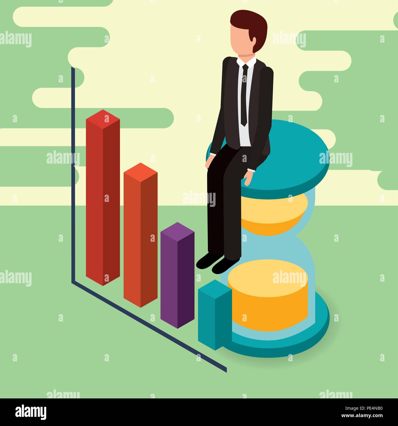 businessman sit on hourglass statistics bar diagram money isometric ...