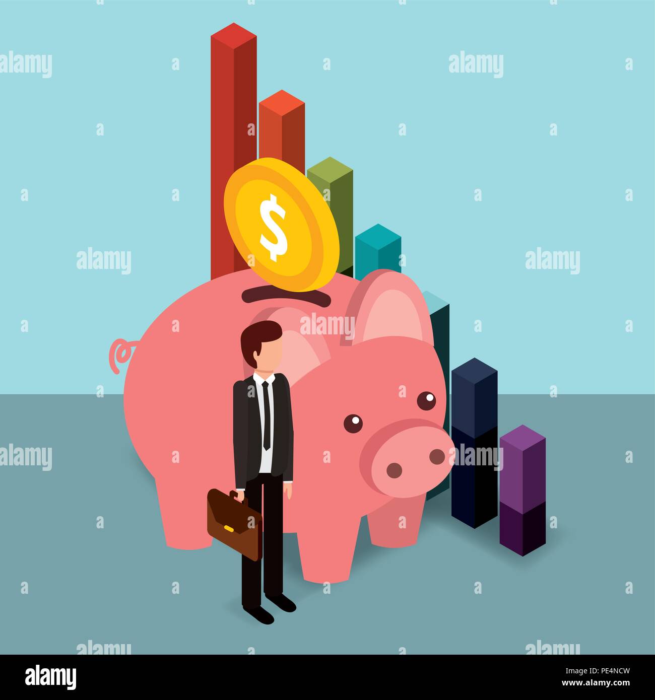 businessman piggy bank coin and diagram money isometric Stock Vector ...