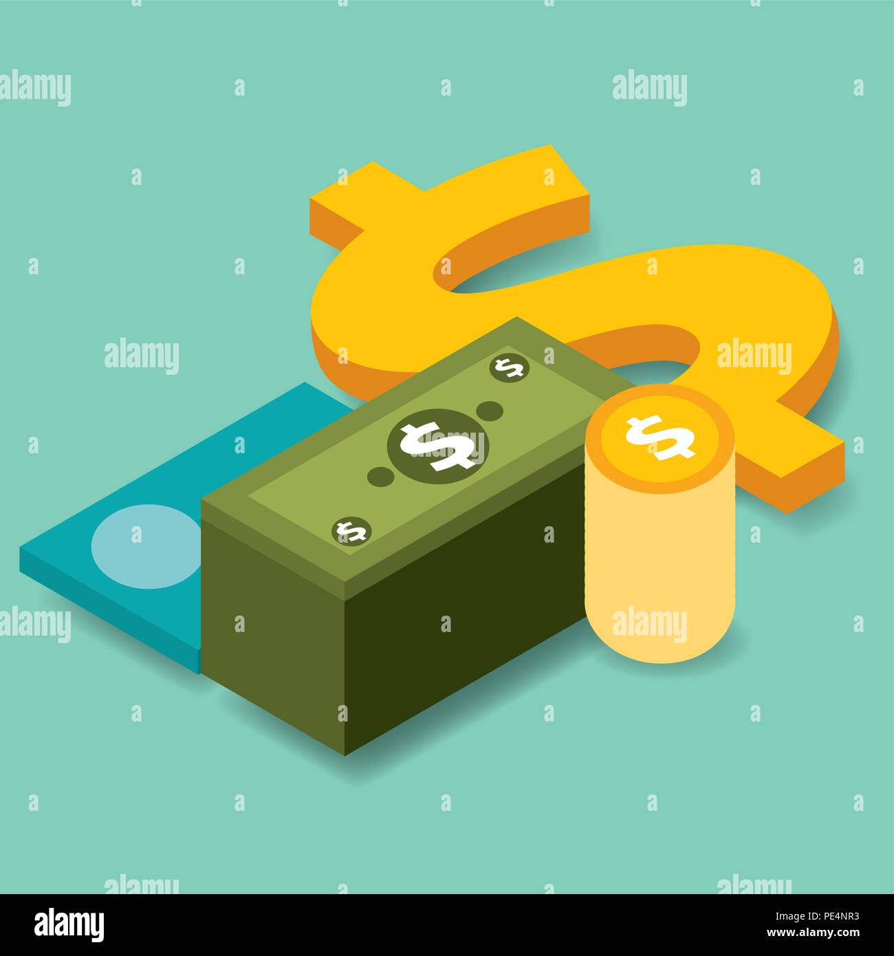 business bank credit card banknote and coins money isometric Stock ...