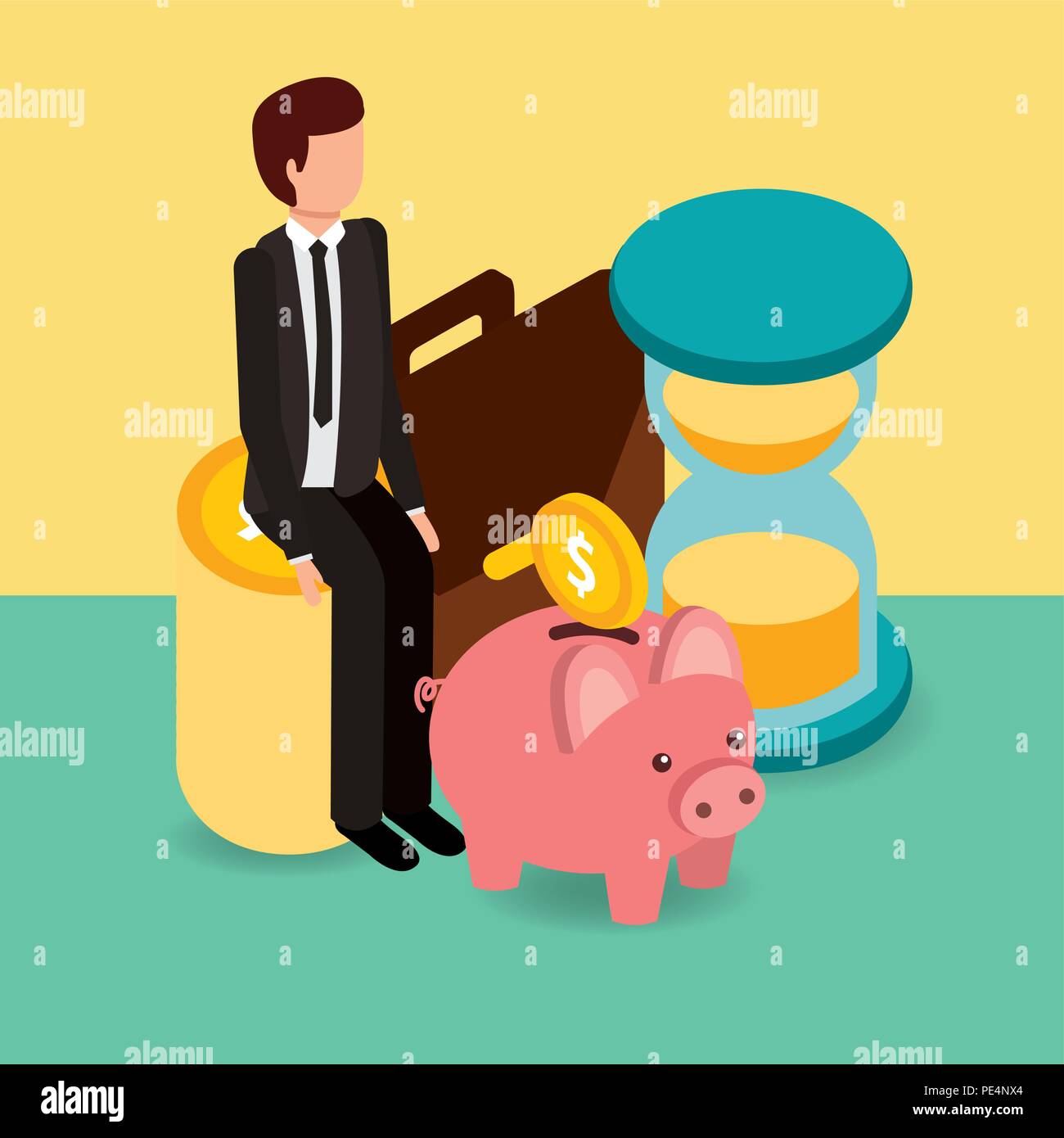 businessman on pile coins piggy bank hourglass and briefcase money ...
