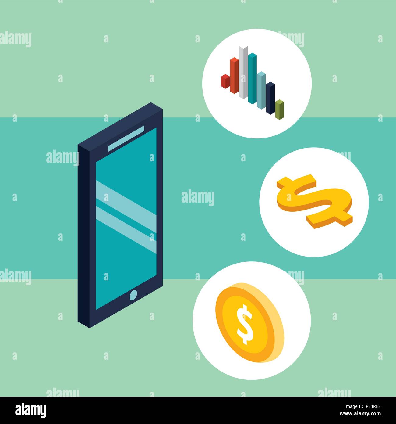 smartphone chart coin currency and dollar money isometric Stock Vector ...