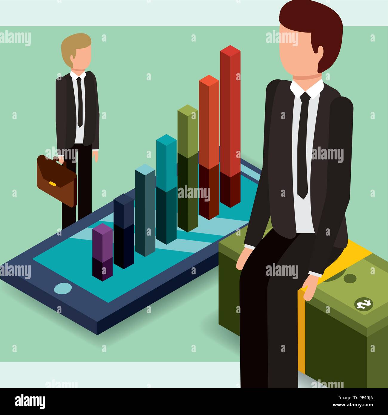 businessmen with briefcase and smartphone chart money isometric Stock ...