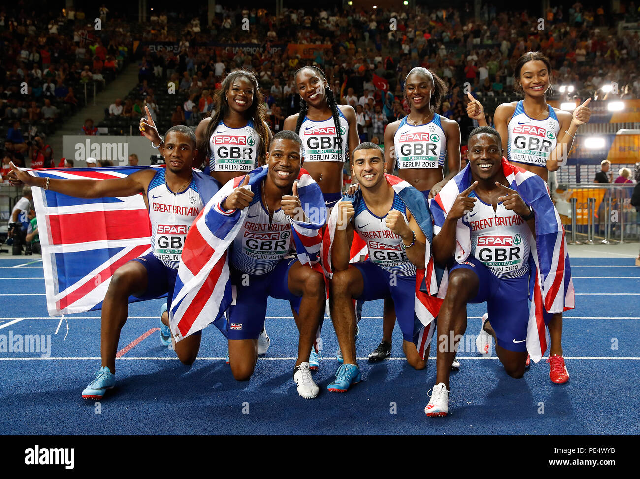 Great Britian's mens and womens relay teams celebrate during day six of ...