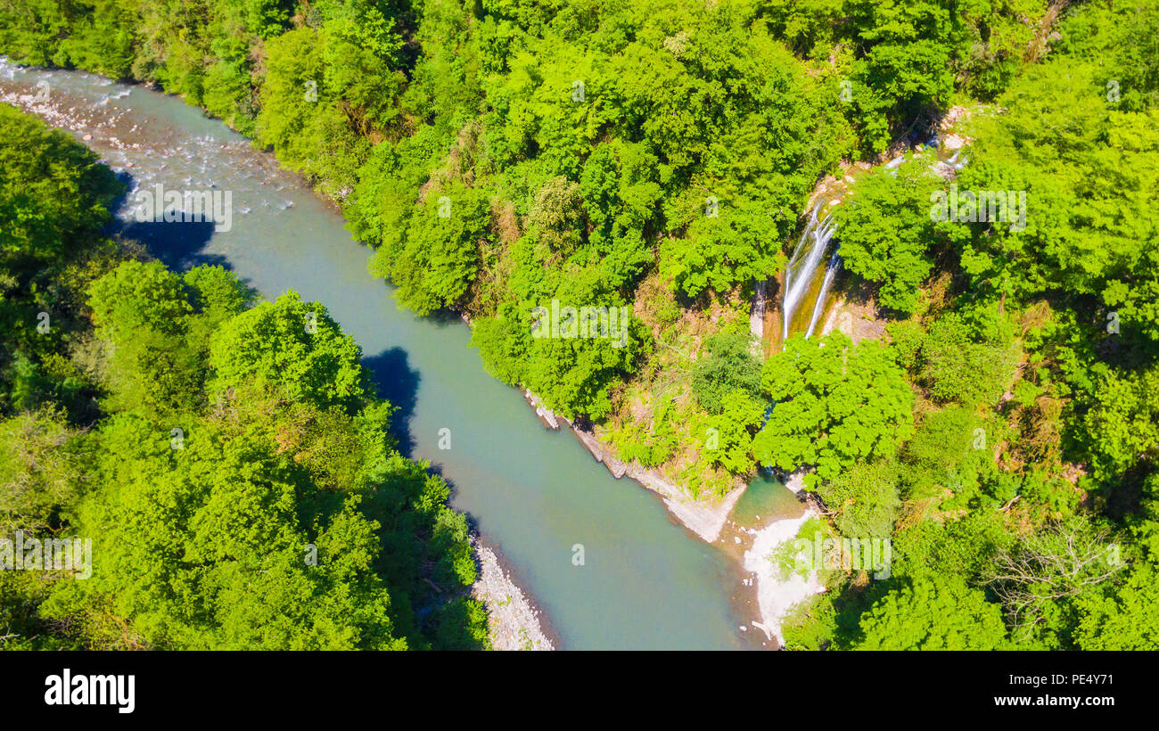 Drone view of the Sochi river gorge with dense forest and Orekhovsky ...