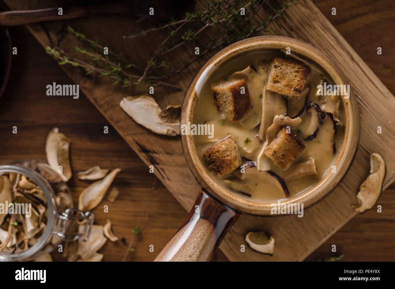 Rustic mushrooms soup, czech forest mushrooms, fresh collect in woods ...