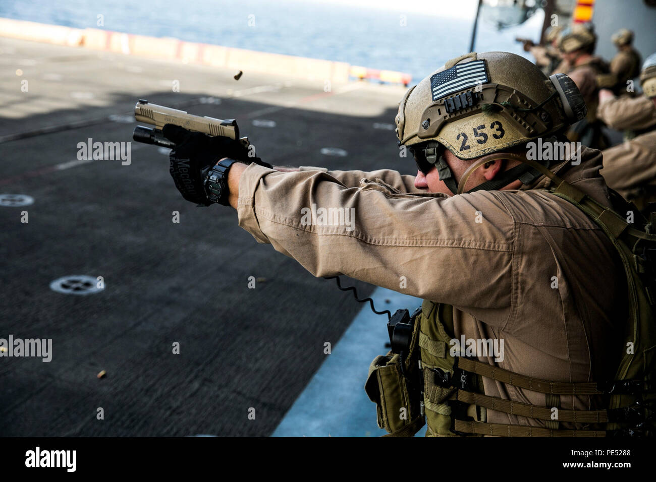 ARABIAN GULF (Oct. 5, 2015) U.S. Marine Cpl. Alex Daigle fires at his ...