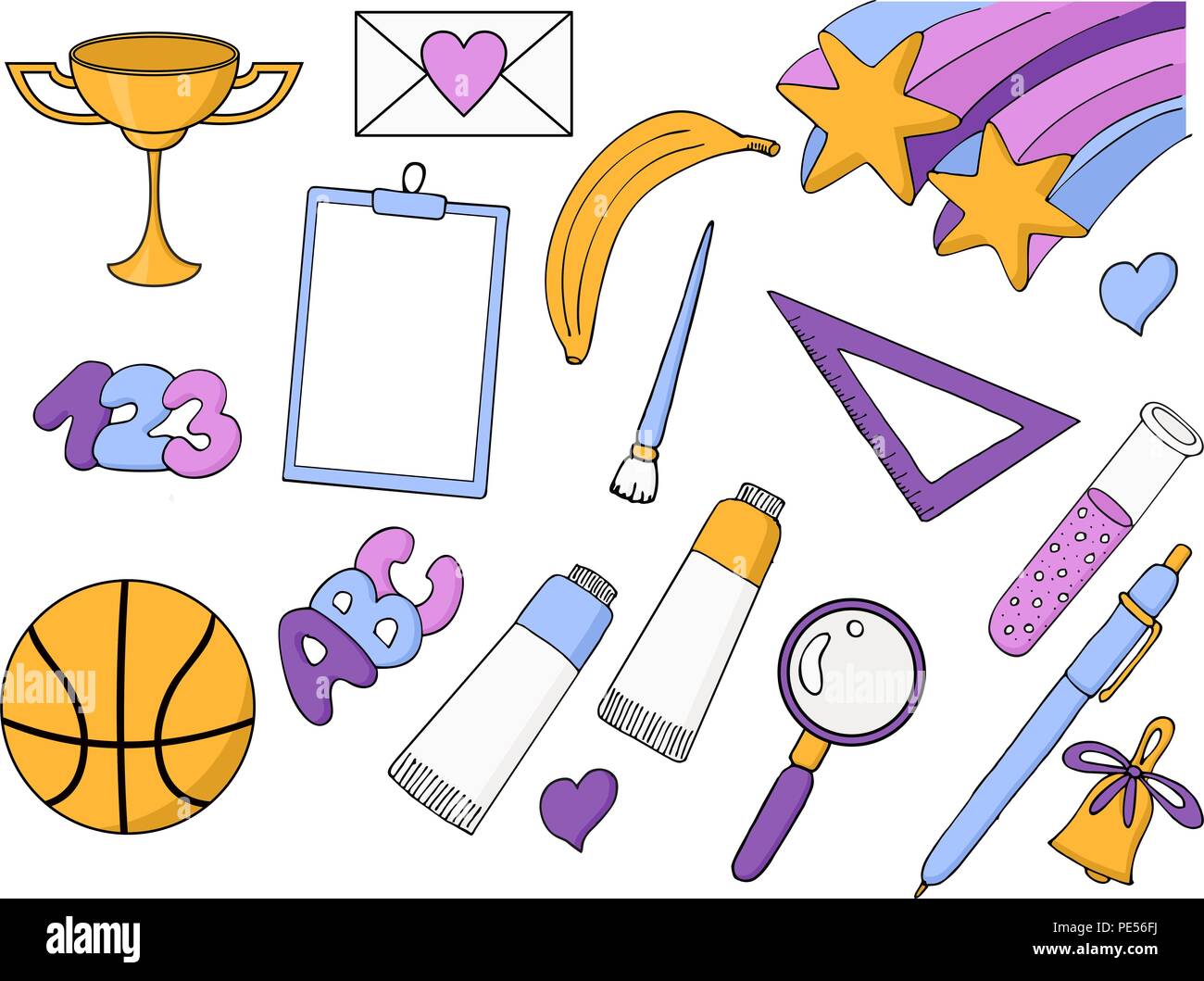 Freehand drawing school items. Raster illustration. Set Stock Photo - Alamy