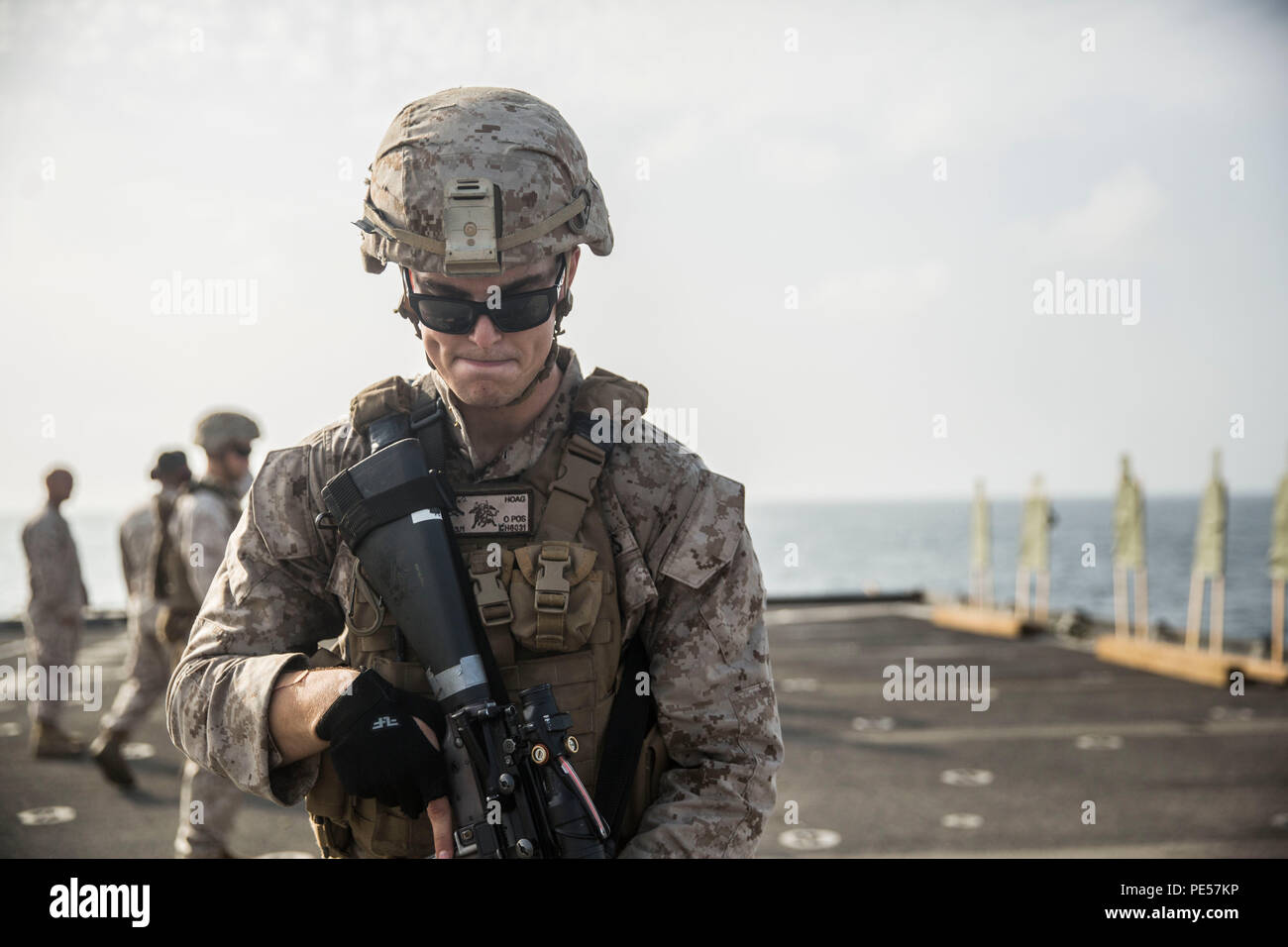 INDIAN OCEAN (Sept. 22, 2015) U.S. Marine Lance Cpl. Cody Hoag waits ...