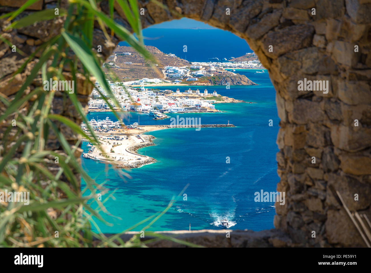 Mykonos port with boats and traditional houses, Cyclades islands ...