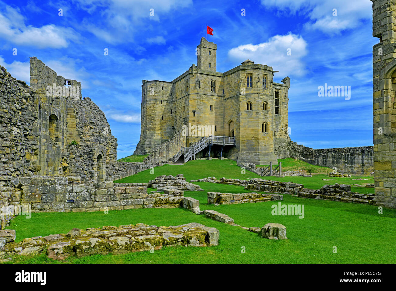 English Heritage Warkworth Castle Northumberland blue skies and fluffy ...