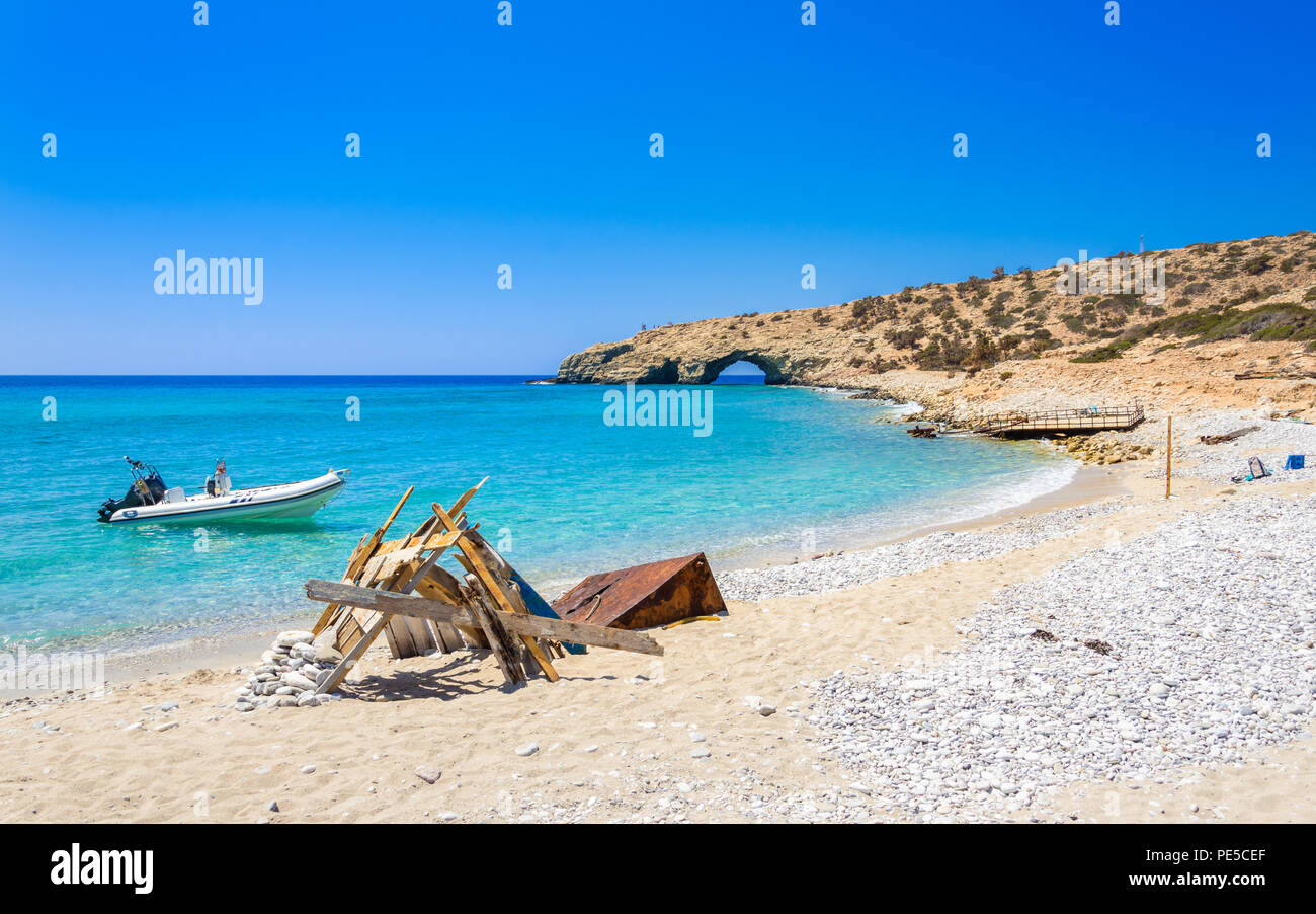 The tropical beach of Tripiti at the southern point of Gavdos island ...