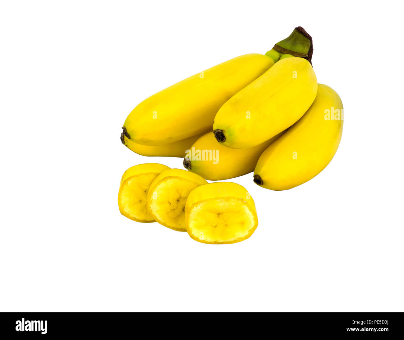 yellow ripe mini bananas isolated on white background. object, fruit ...
