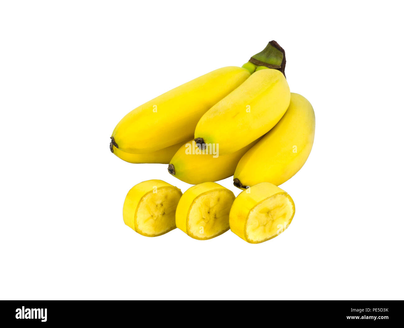 yellow ripe mini bananas isolated on white background. object, fruit ...