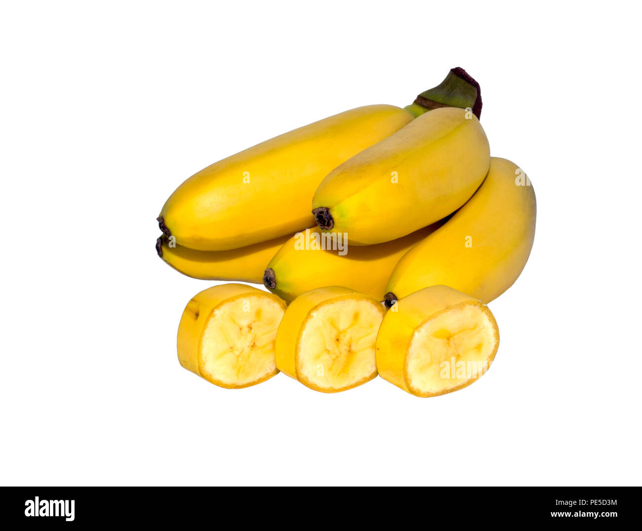 yellow ripe mini bananas isolated on white background. object, fruit ...