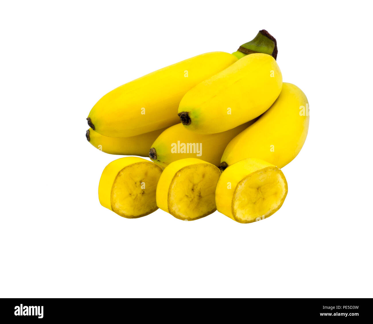 yellow ripe mini bananas isolated on white background. object, fruit ...