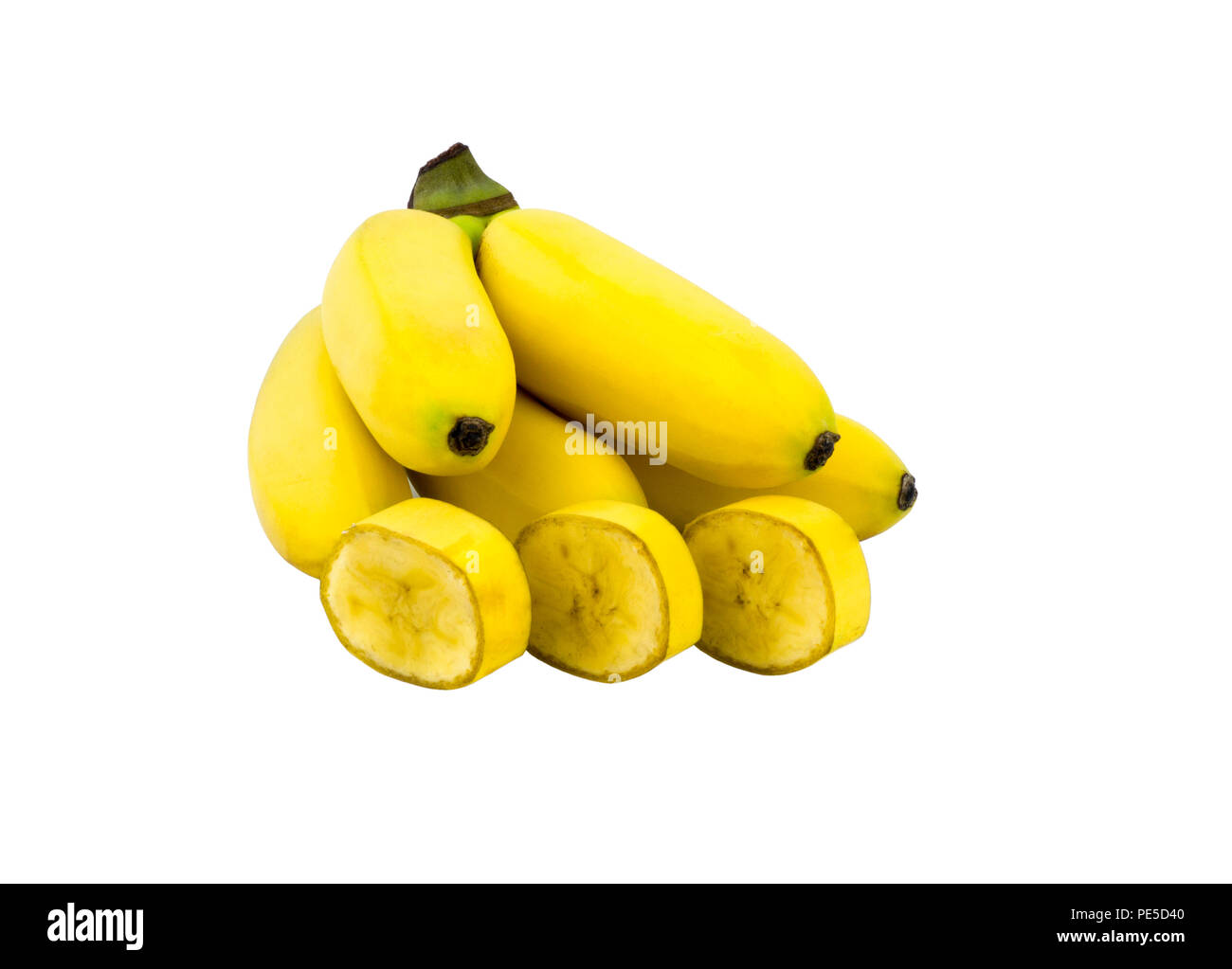 yellow ripe mini bananas isolated on white background. object, fruit ...